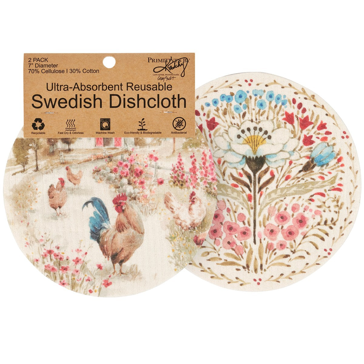 🫐 💙 Rooster and Floral Round Swedish Dishcloth Set – Blueberry Lane Shop