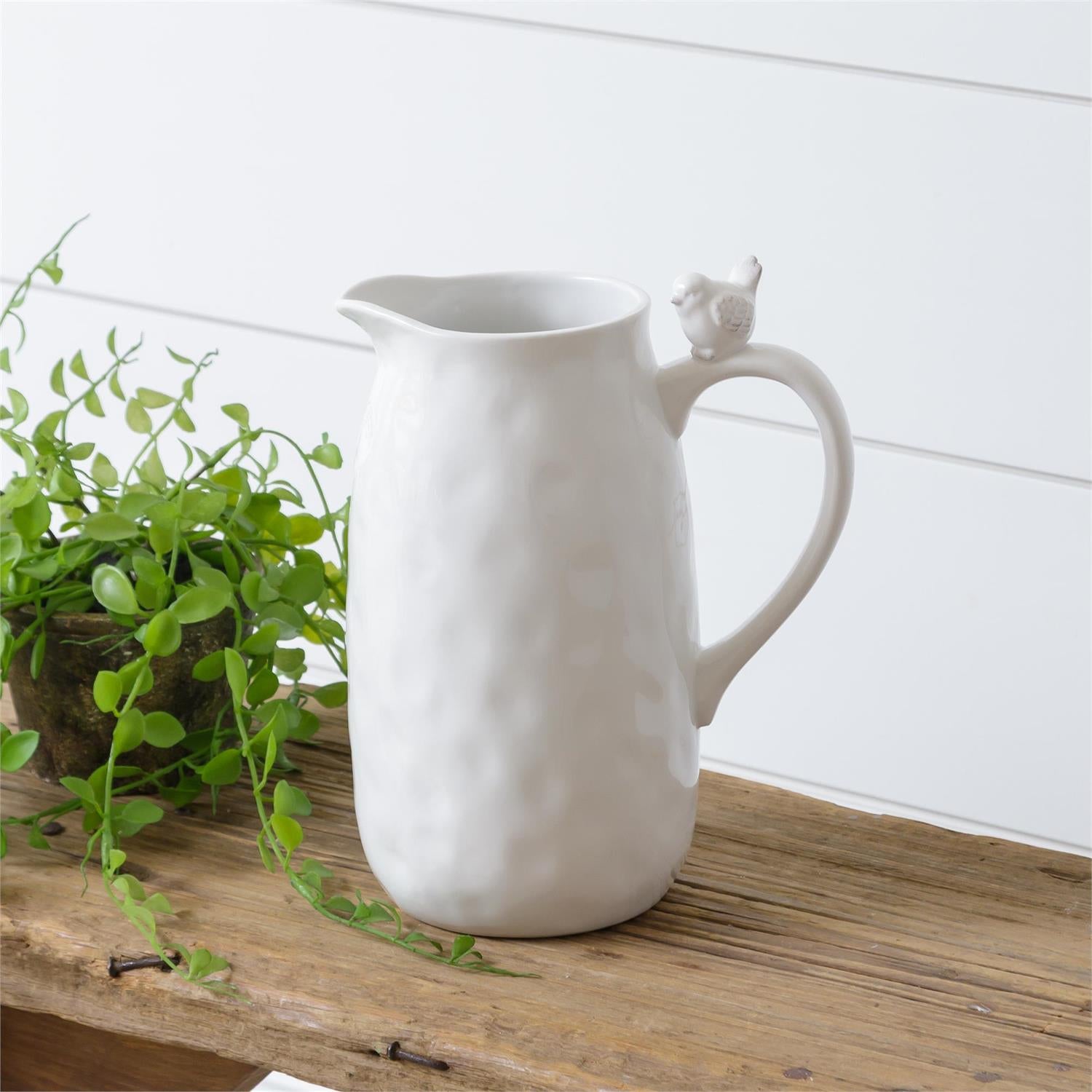 Graceful White Pitcher with Bird on Handle – Blueberry Lane Shop