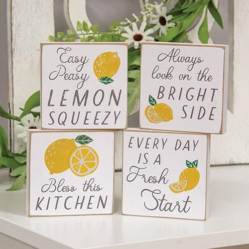Set of 4 Lemon Themed 4" Wooden Block Signs – Blueberry Lane Shop