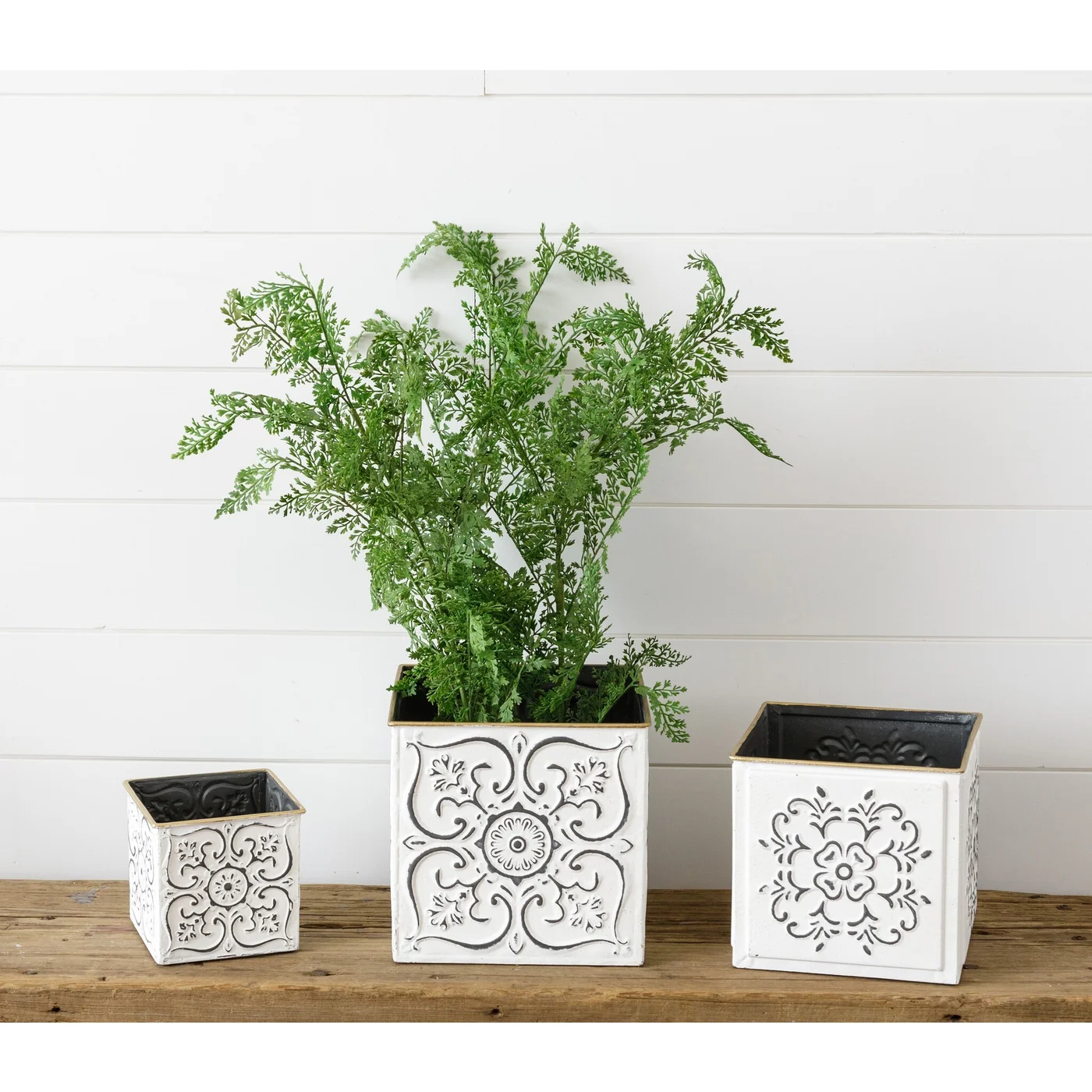 Set of 3 Cottage Distressed White Medallion Tile Containers – Blueberry ...