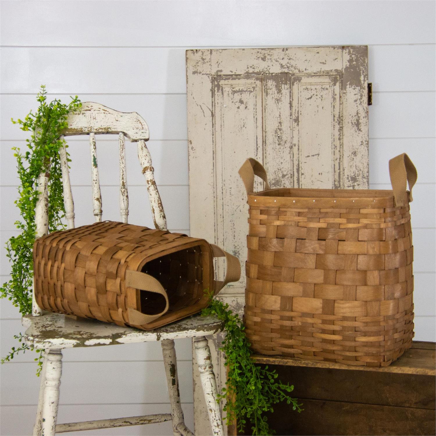 Set of 2 Woven Chipwood Storage Baskets with Fabric Handles – Blueberry ...