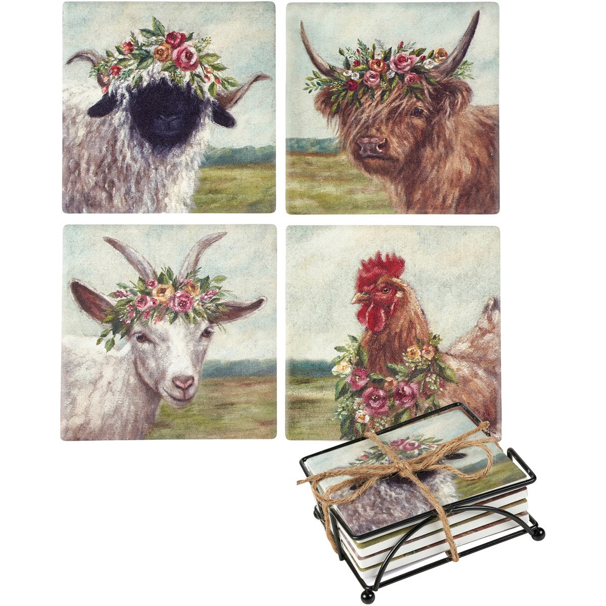 💙 Set of 4 Floral Crown Farmhouse Animal Coaster Set – Blueberry Lane Shop